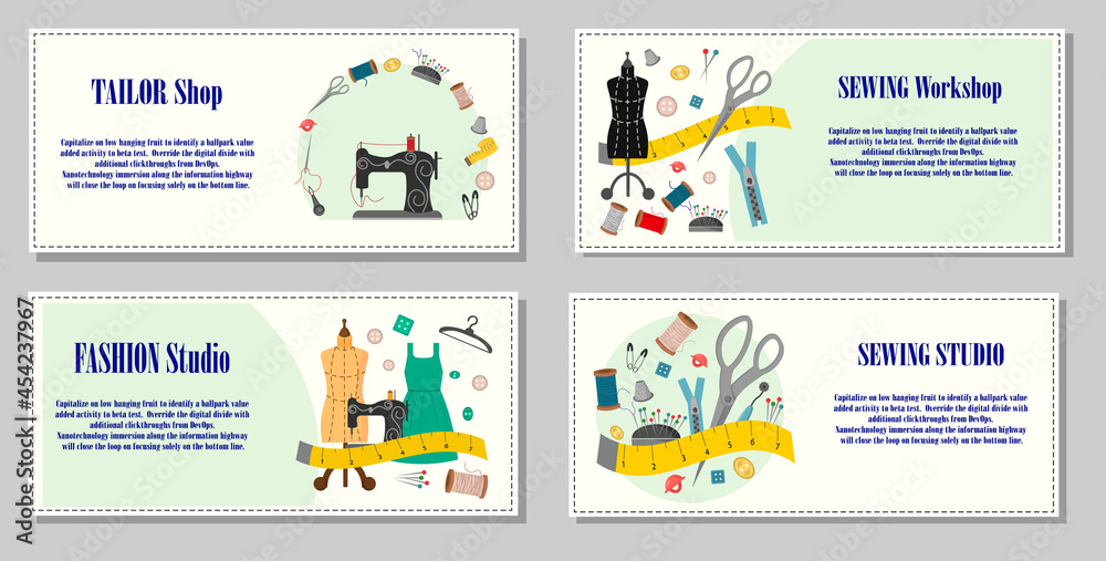 A set of flyers for a sewing workshop. Scenes with tailor tools - a ...