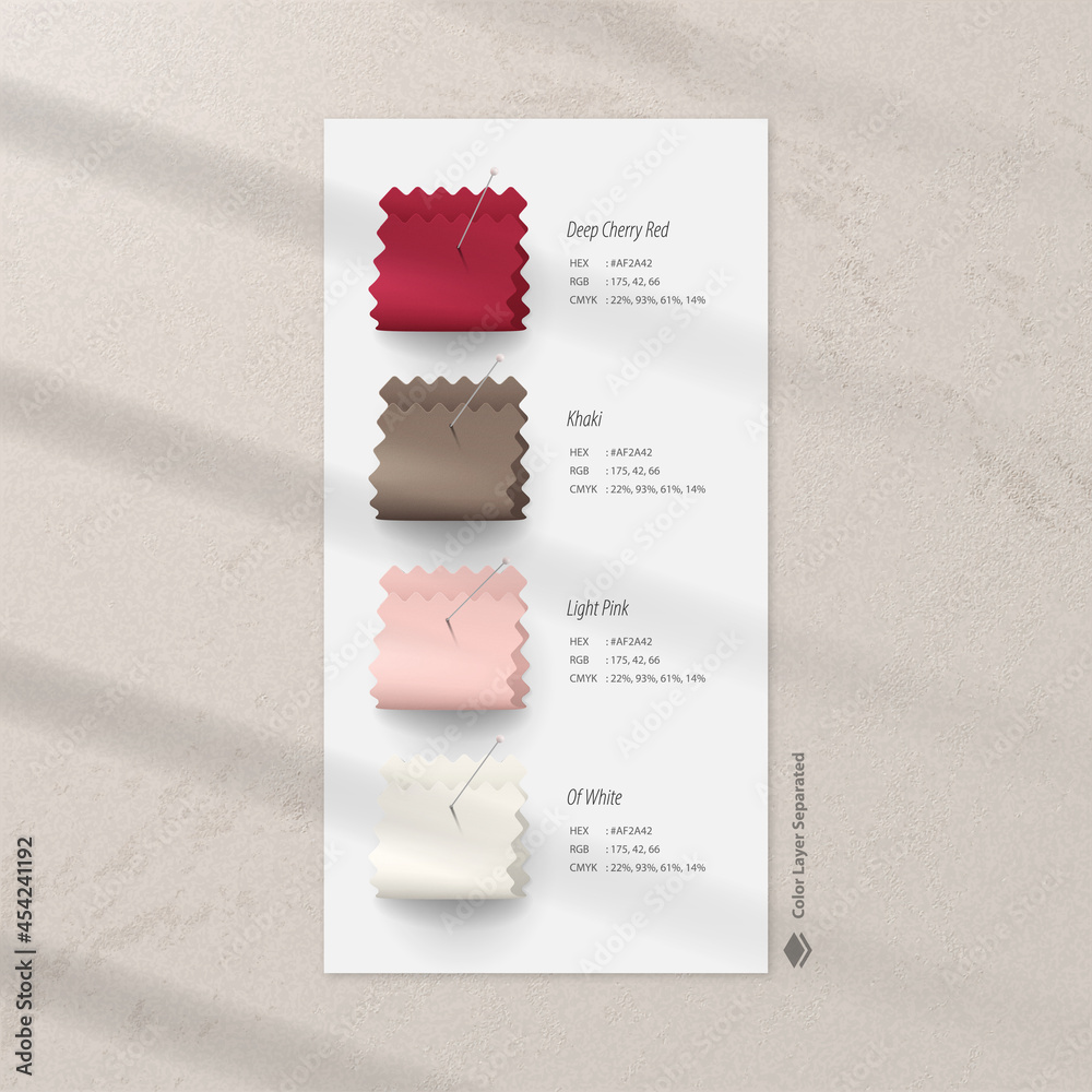 Fabric color swatches mockup with needle on white paper againts ...