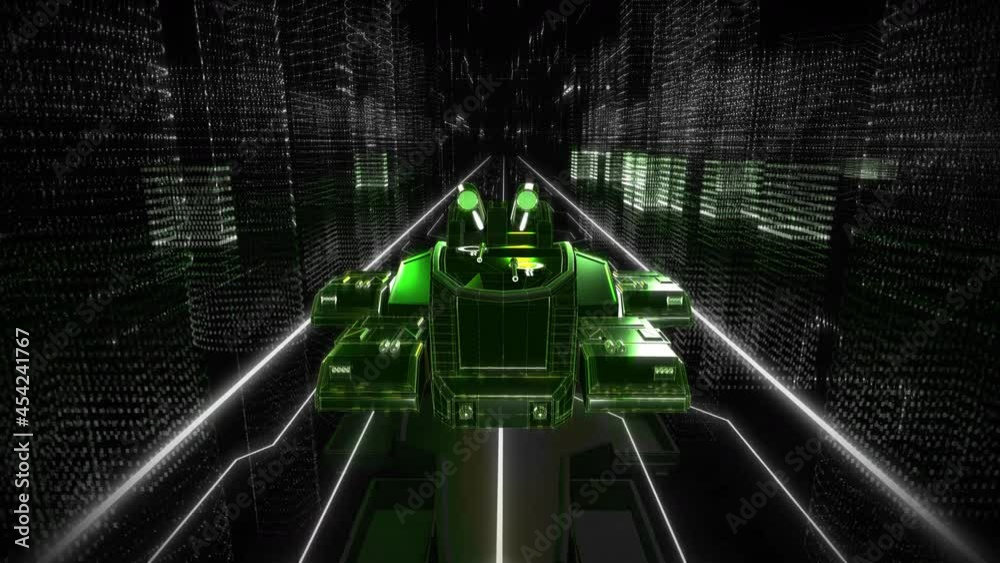 Green Tank Vehicle With Two Cannons Moves Towards Screen In Digital ...