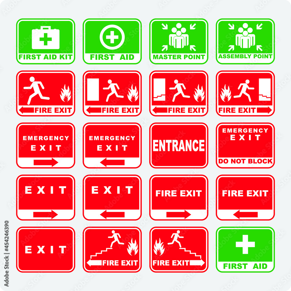 first aid kid, first aid, master point, assembly point, fire exit ...