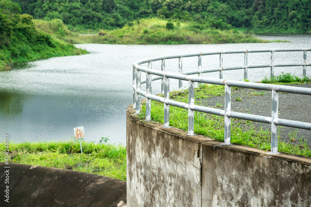 Falling preventive metal railing at water reservior barrage with ...