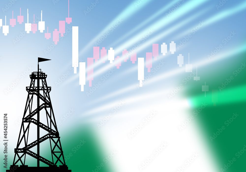 Oil rig in Nigeria. Silhouette of oil rig next to quotes. blurred flag ...