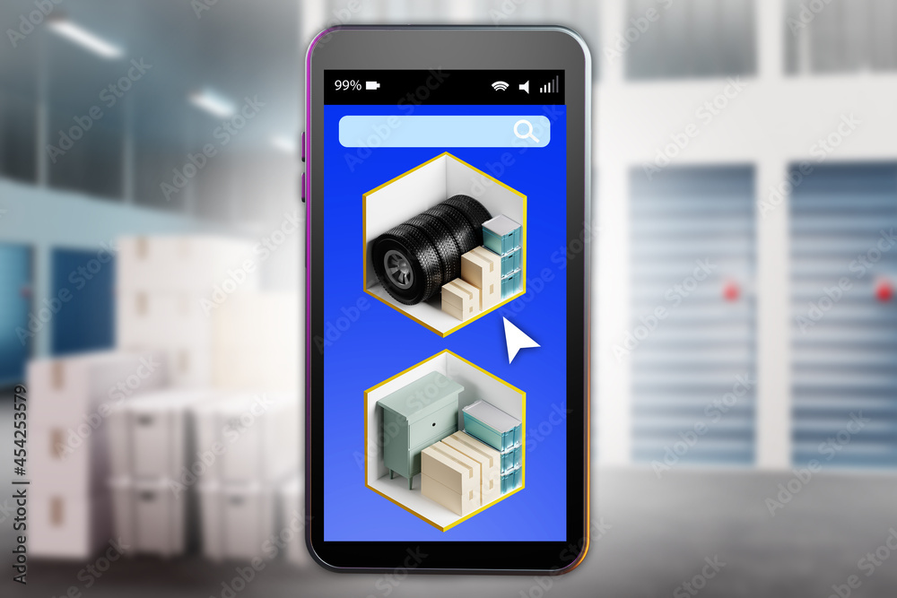 Rental storage room. Storage room rental via phone. Smartphone with ...