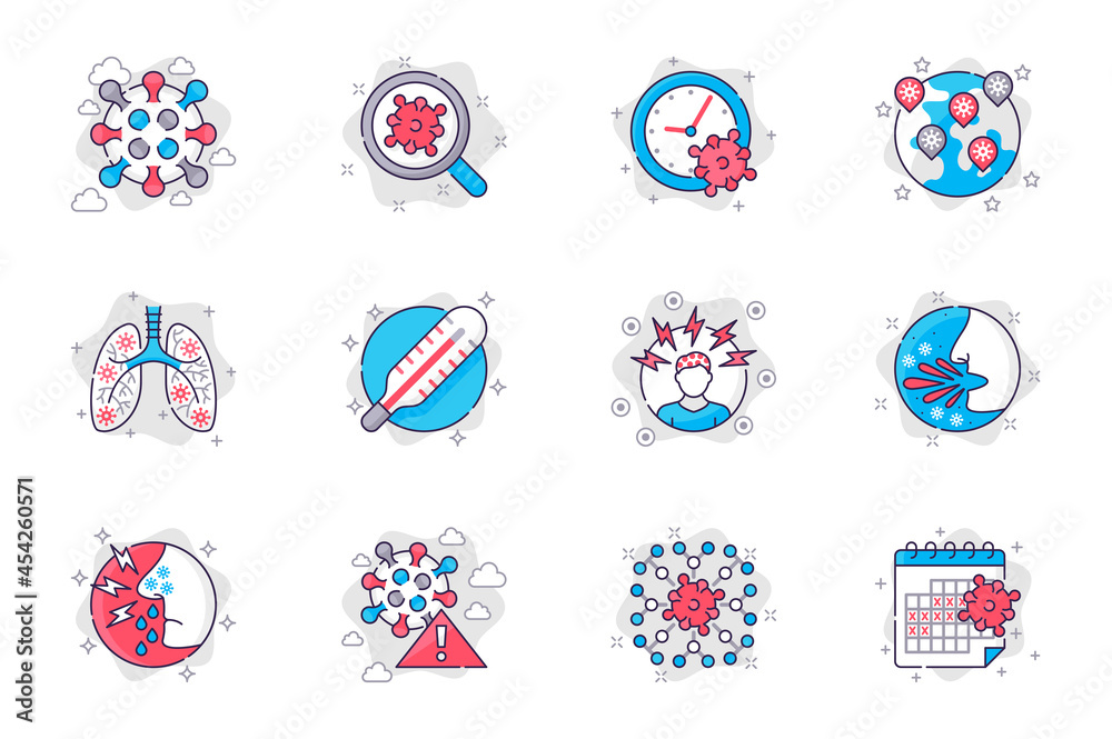 Coronavirus concept flat line icons set. Viral infection and symptoms ...