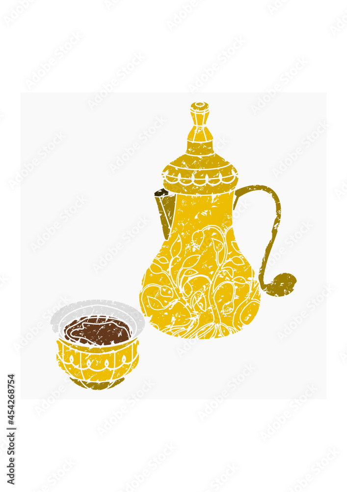 Editable Isolated Brush Strokes Style Arab Coffee in Patterned Bulbous ...