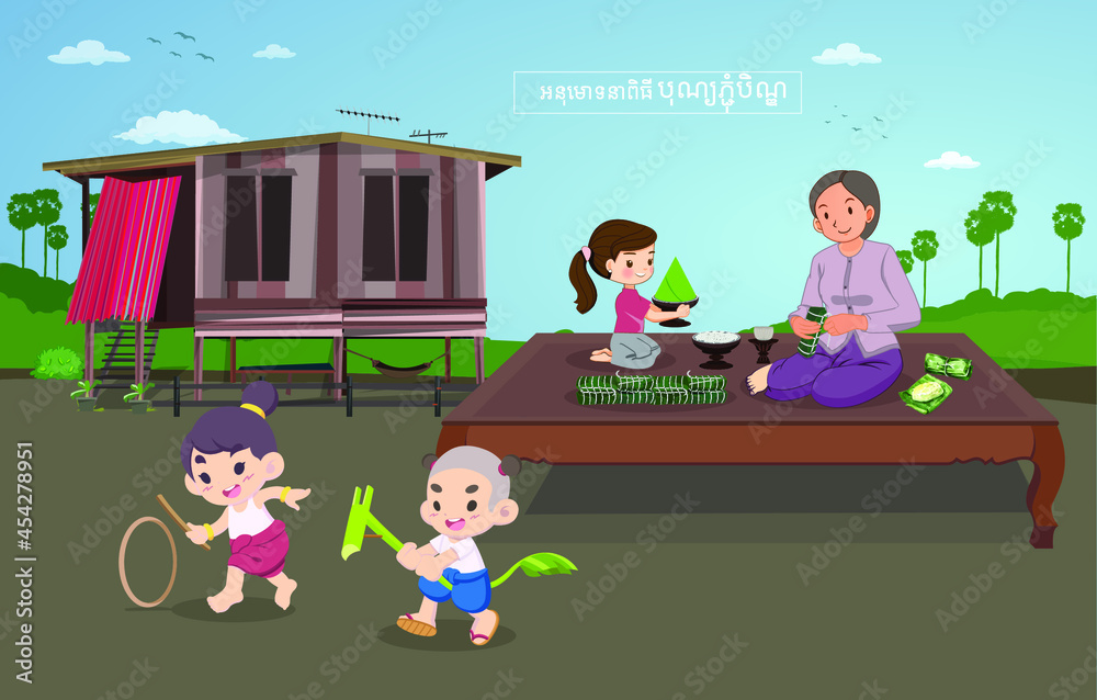 Pchum Ben Day,Cartoon character, cambodia traditional Bowl,Num Ansom ...