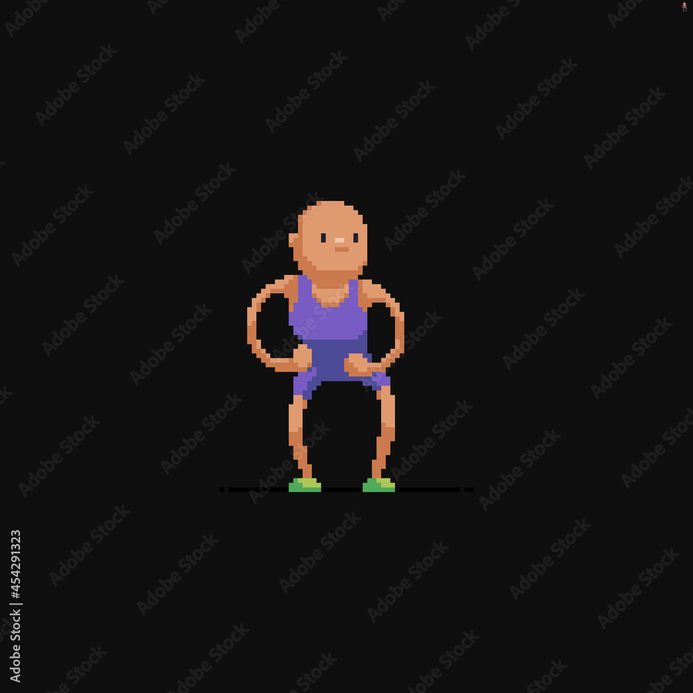 Vetor de Pixel art beginner athlete playing with his weak muscles do ...