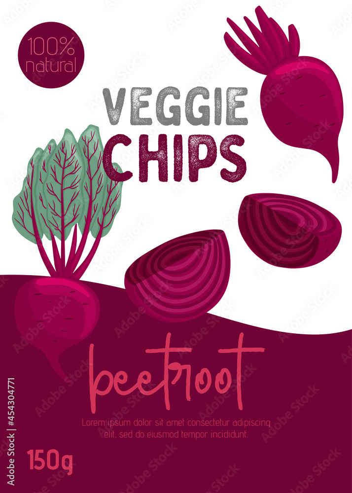 Veggie beetroot chips packaging design in cartoon style. Bright beet vegetables. Stock Vector ...