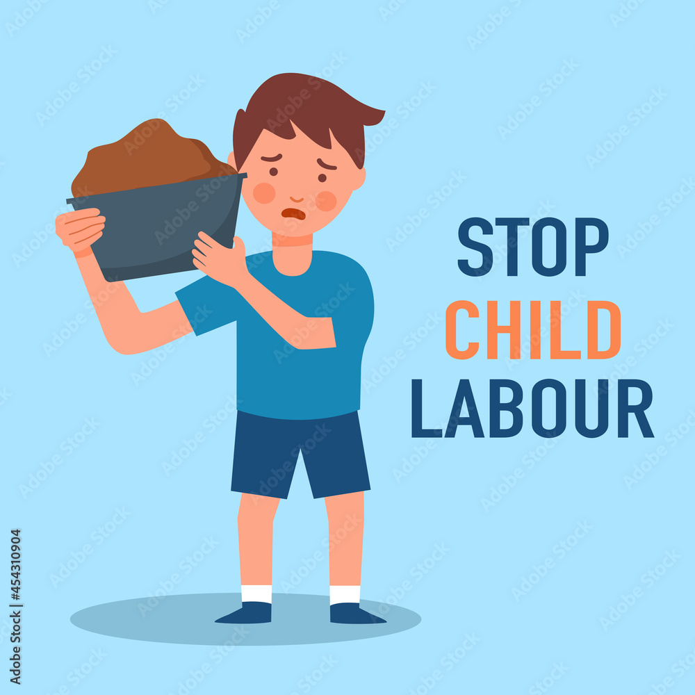 Stop child labor concept vector illustration. World day against child labour. Boy carrying heavy ...