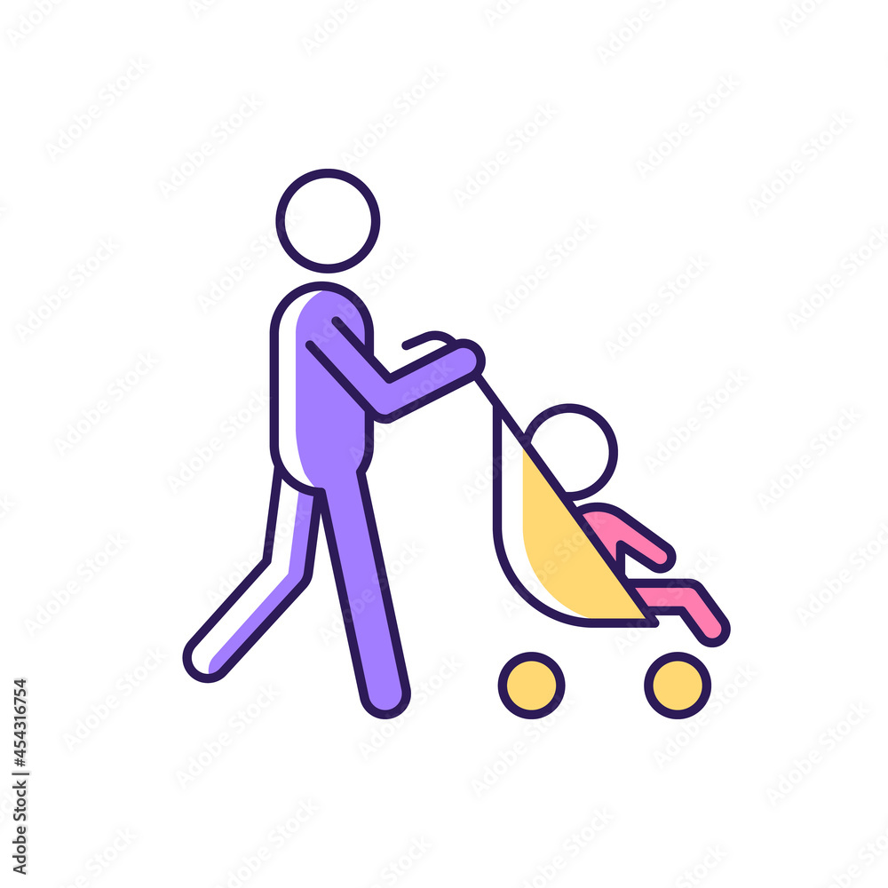 Walking with stroller RGB color icon. Take child for walk outside ...