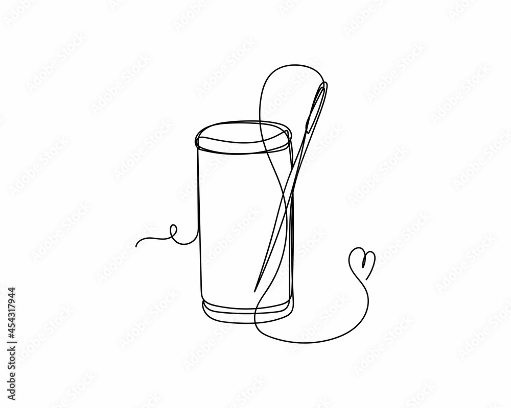 Continuous one line drawing of spool of thread with needle icon in ...