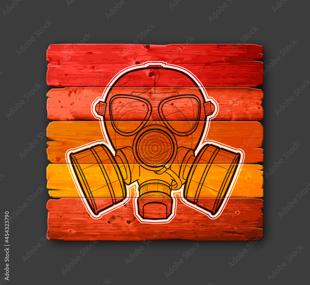 Gas mask respirator skull breather on comics style wooden background ...