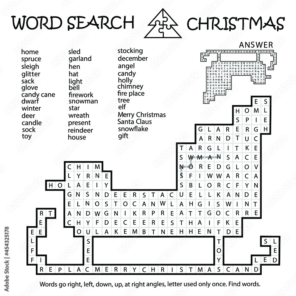 Word Search Puzzle. Christmas Sleigh. Zigzag Words go right, left, down ...