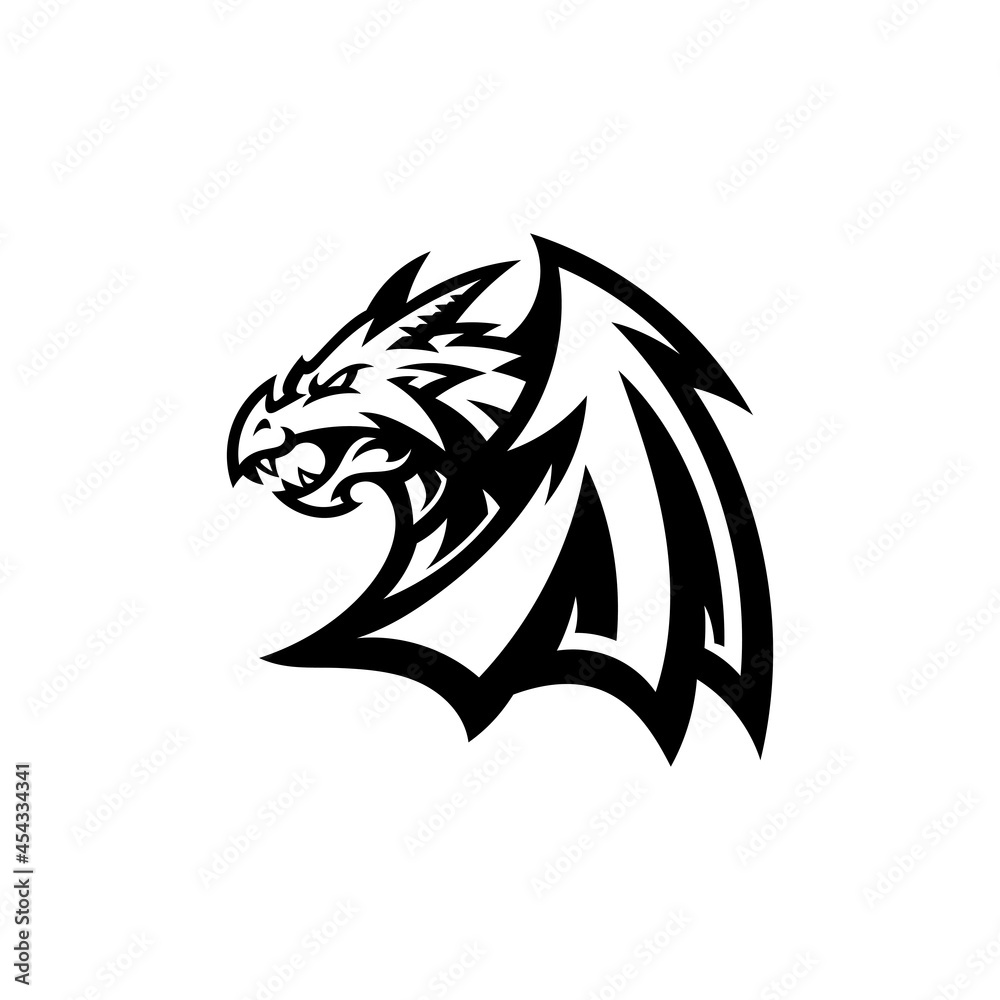 Winged Dragon illustration Logo Design in Black and White Color Stock ...
