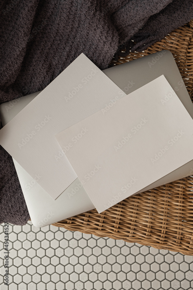 Blank paper sheet card with mockup copy space, laptop computer and ...