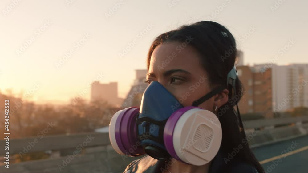 portrait woman wearing gas mask rebellious girl protesting against ...