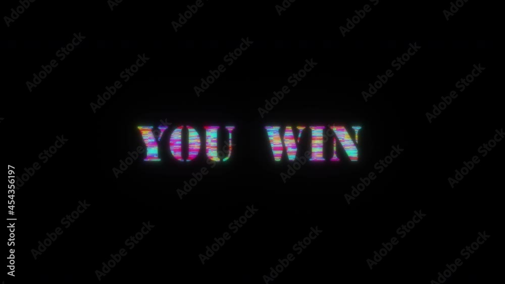 YOU WIN colorful glitch text effect 3D tube animation loop with flicker ...