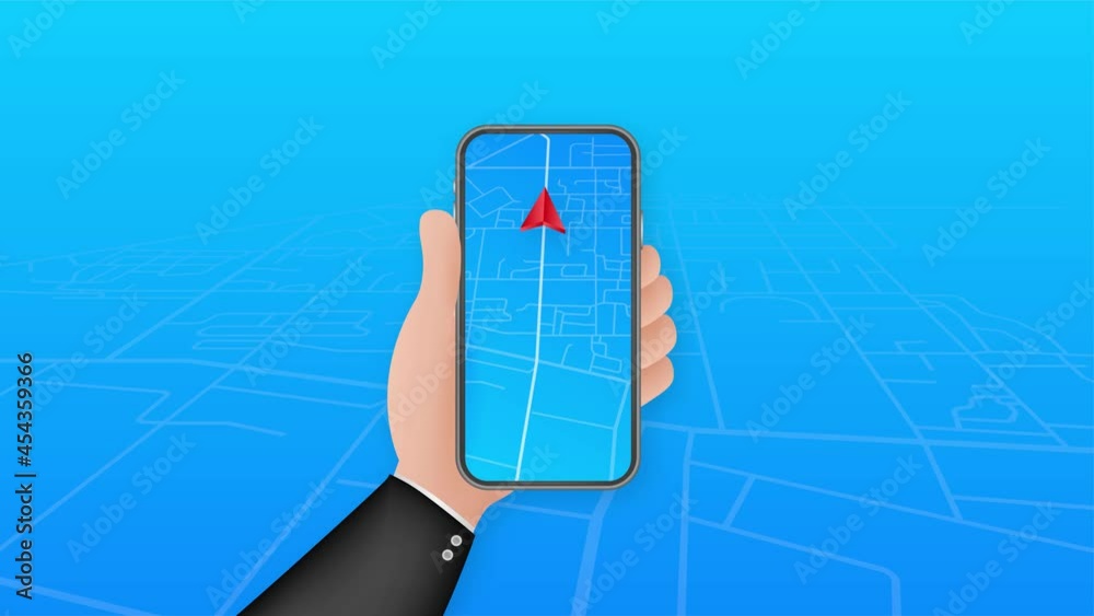 Smartphone with mobile navigation app on screen. Route map with symbols ...