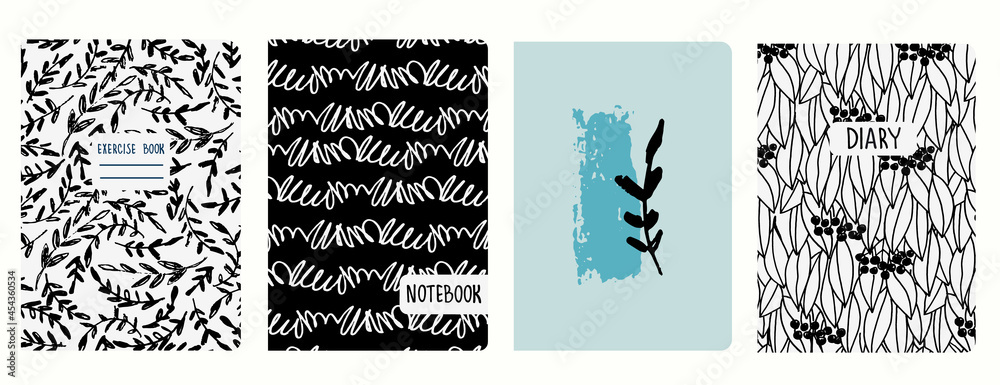 Cover page templates based on patterns with hand drawn branches, leaves ...