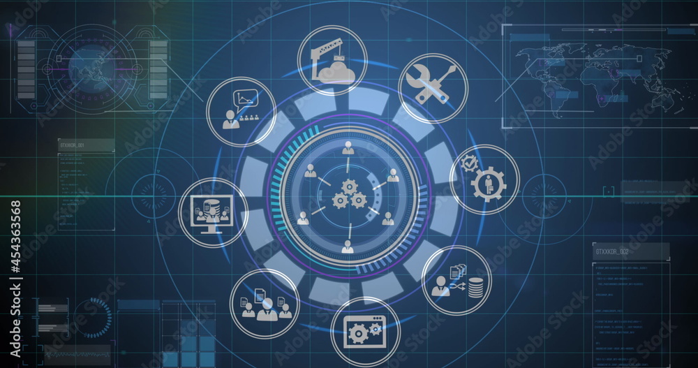 Image of scope scanning, digital icons and data processing with world ...