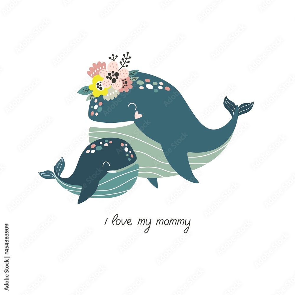 Cute hand drawn whale with flowers. Mom and baby, mother’s day. Cartoon ...