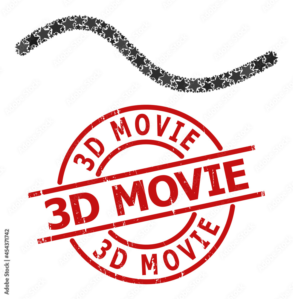 Wave line star pattern and grunge 3D Movie stamp. Red stamp with ...