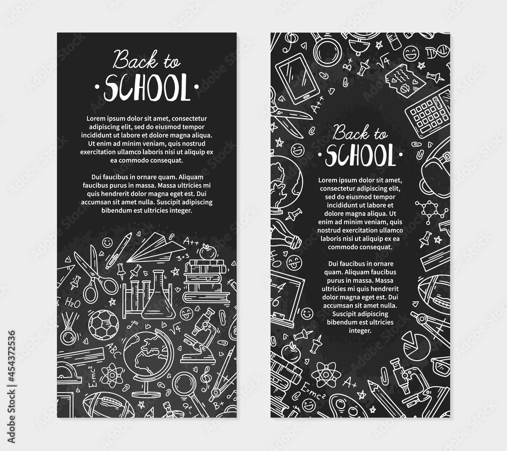 Back to School vector flyer template with education icons in Doodle ...