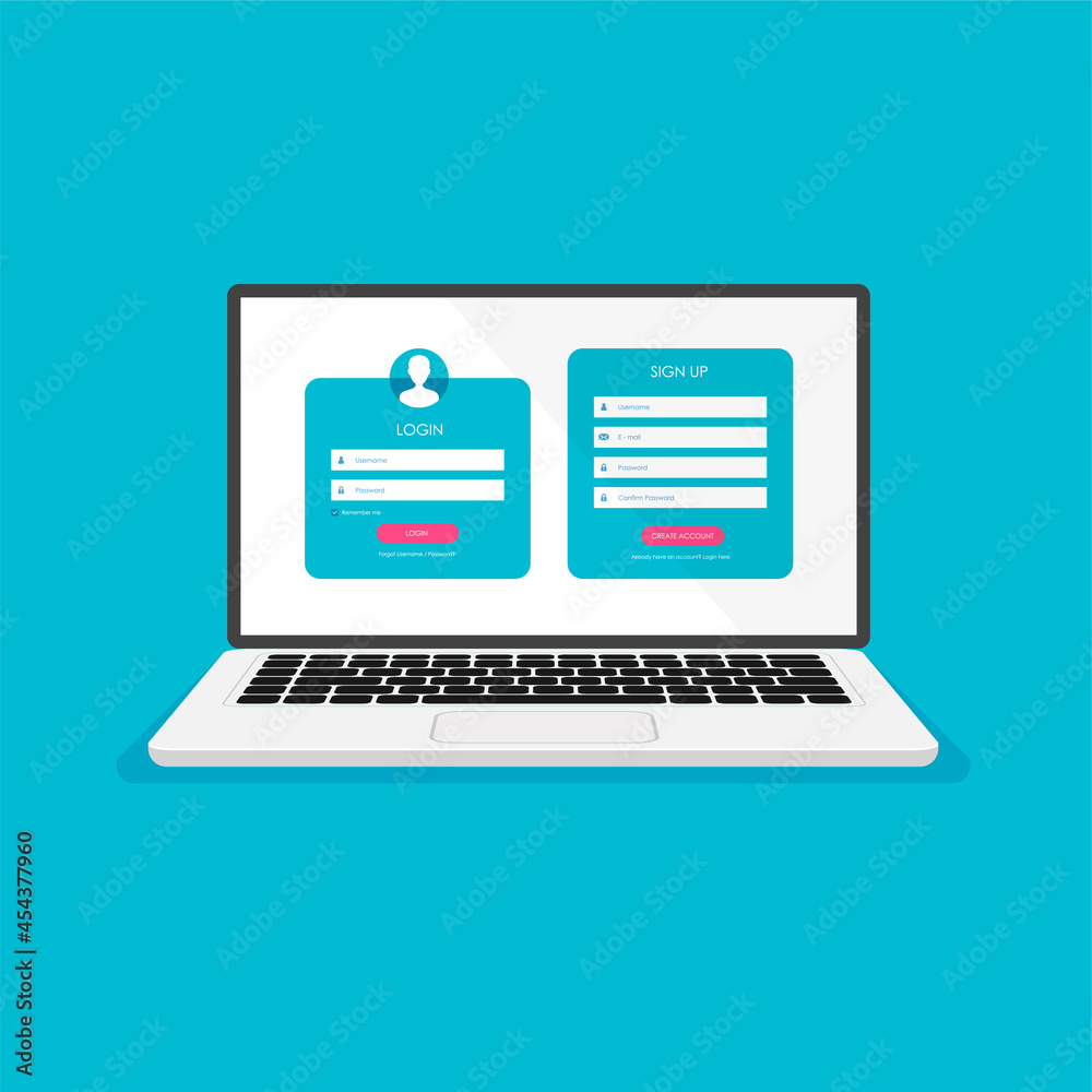 Registration form and login form page on laptop monitor. Vector ...
