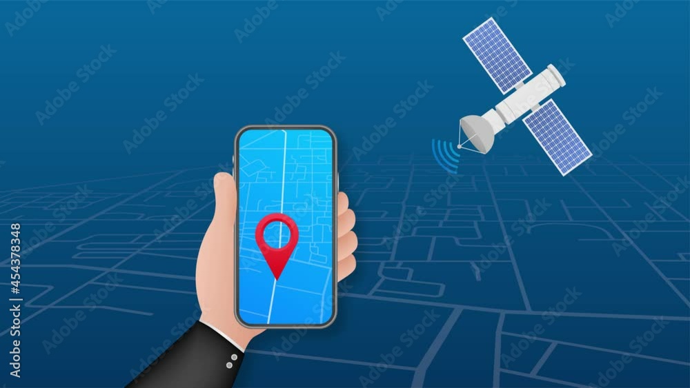 Smartphone with mobile navigation app on screen. Route map with symbols ...