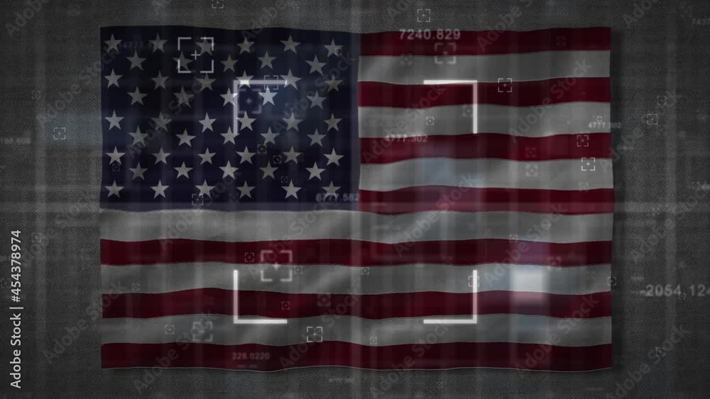 Multiple changing numbers and square scope scanning over waving us flag ...
