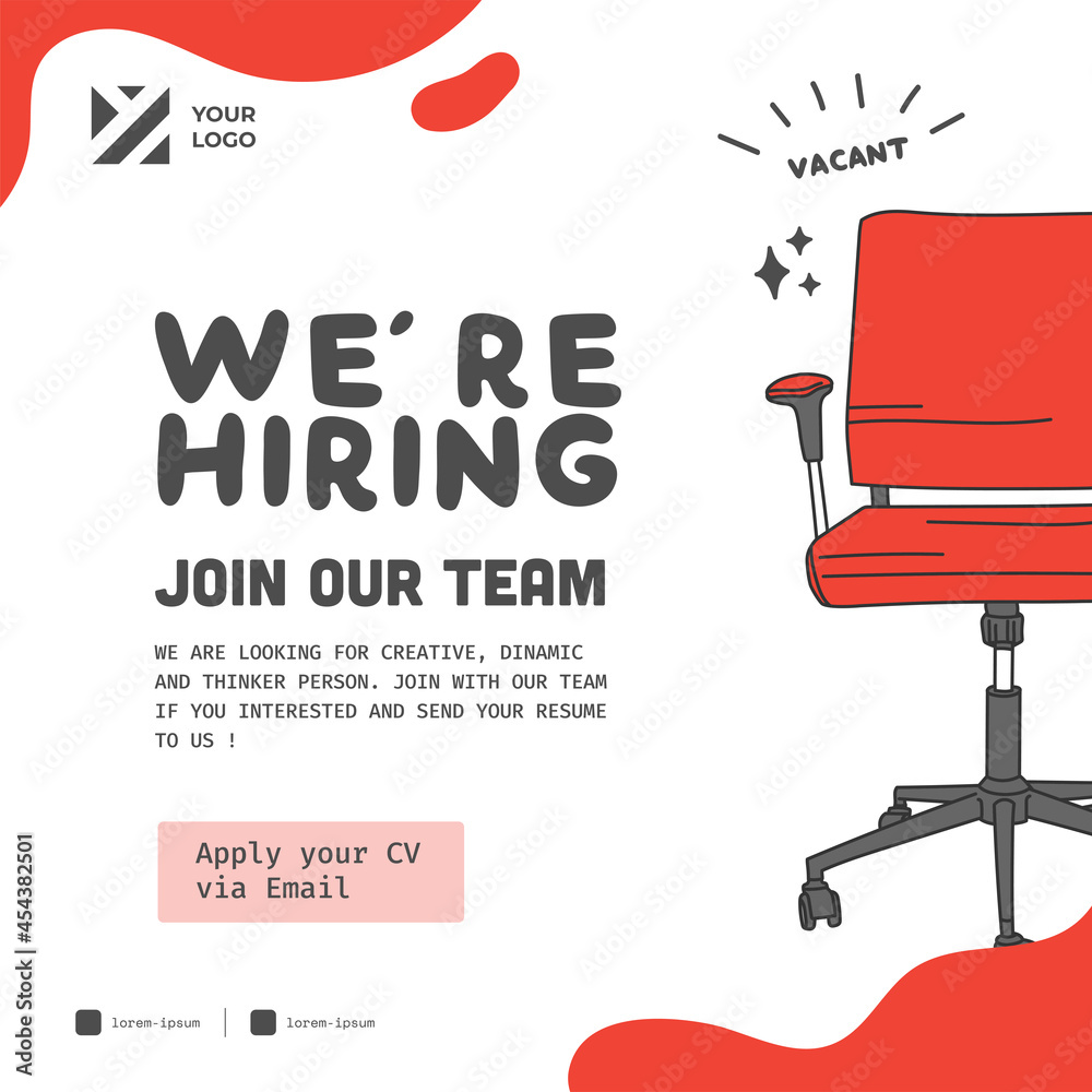 Square job vacancy design banner with office chair illustration. Open ...