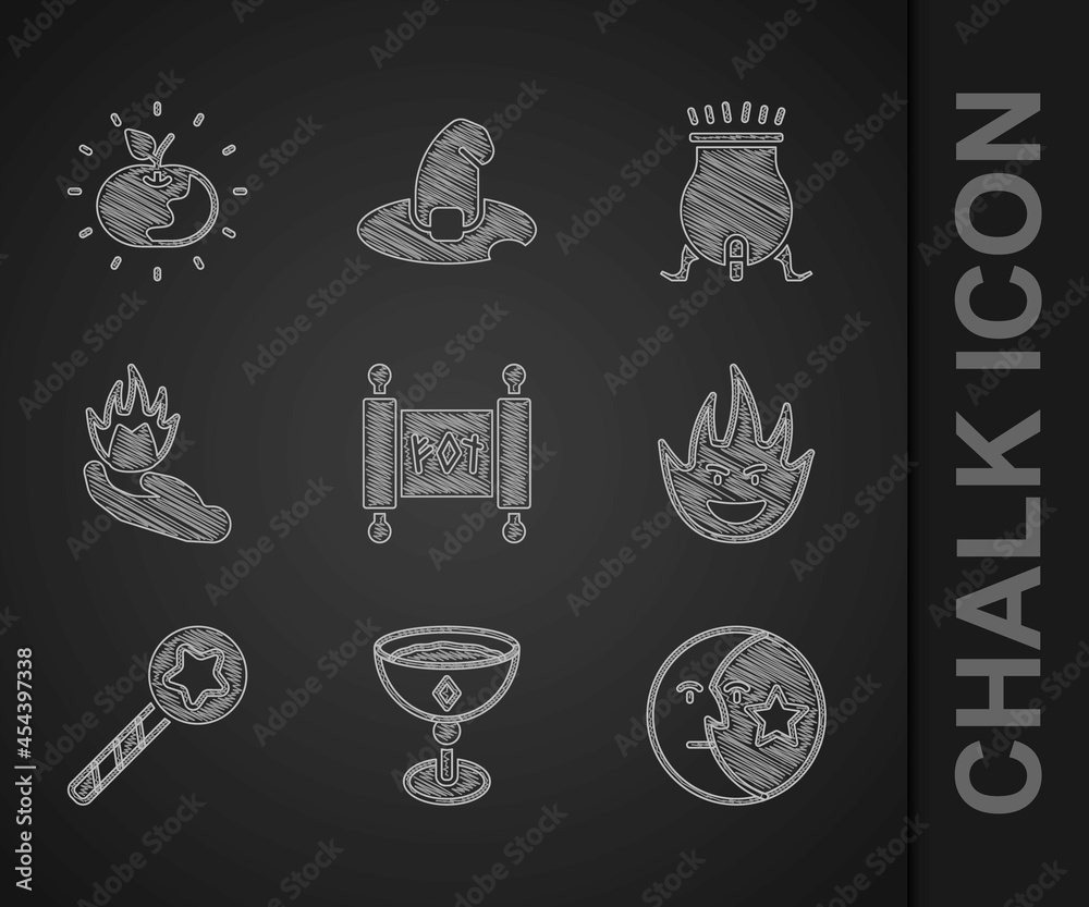 Set Magic scroll, Medieval goblet, Moon and stars, Fire flame, wand ...