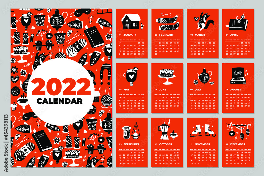 Abstract doodle trendy wall calendar planner in the year of 2022. 7x11 ...