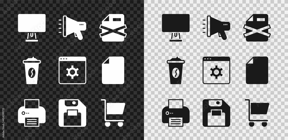 Set Computer monitor, Megaphone, Delete file document, Printer, Floppy disk, Shopping cart ...