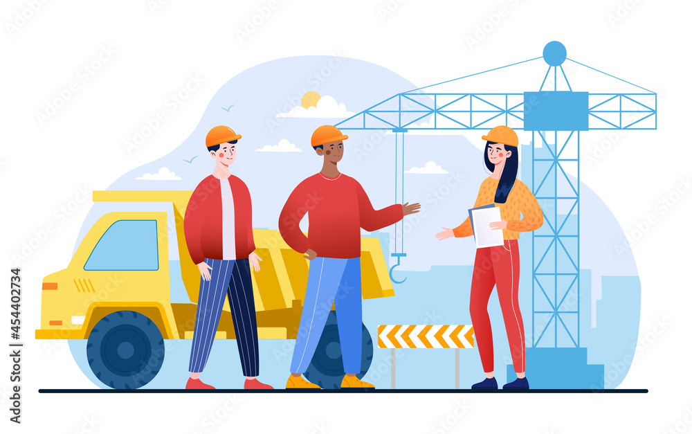 Female engineer gives order to male construction worker. Architect ...