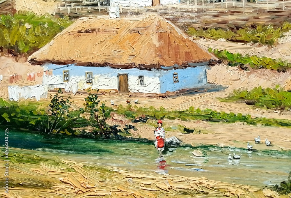Oil paintings rural landscape, old house, village in the countryside ...