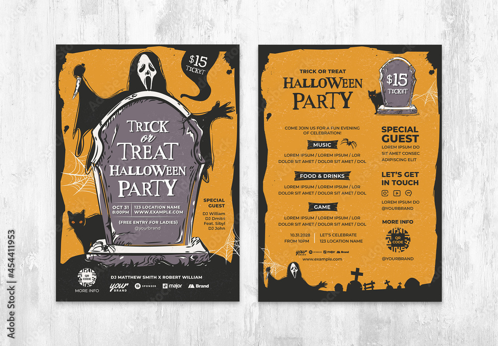 Halloween Flyer in Orange Black with Tombstone Grim Reaper ...