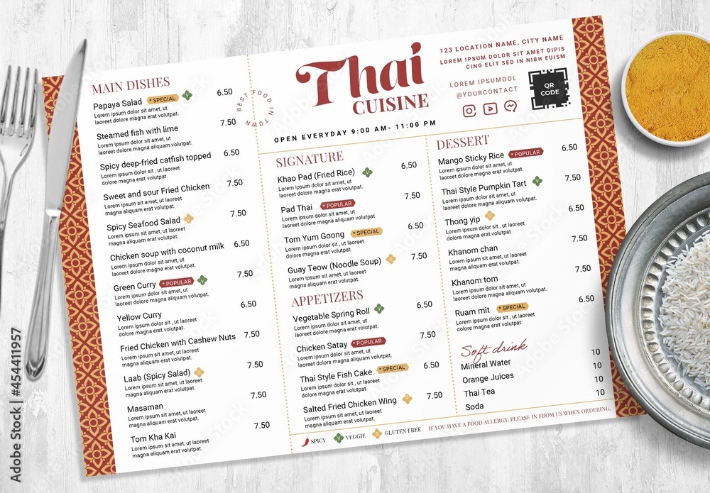 Thai Restaurant Landscape Menu Layout Stock 템플릿 | Adobe Stock