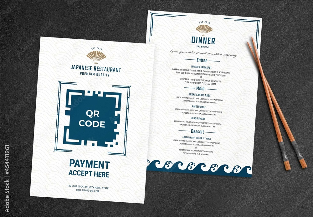 Japanese Sushi Menu Flyer with QR Code Placeholder Stock Template ...