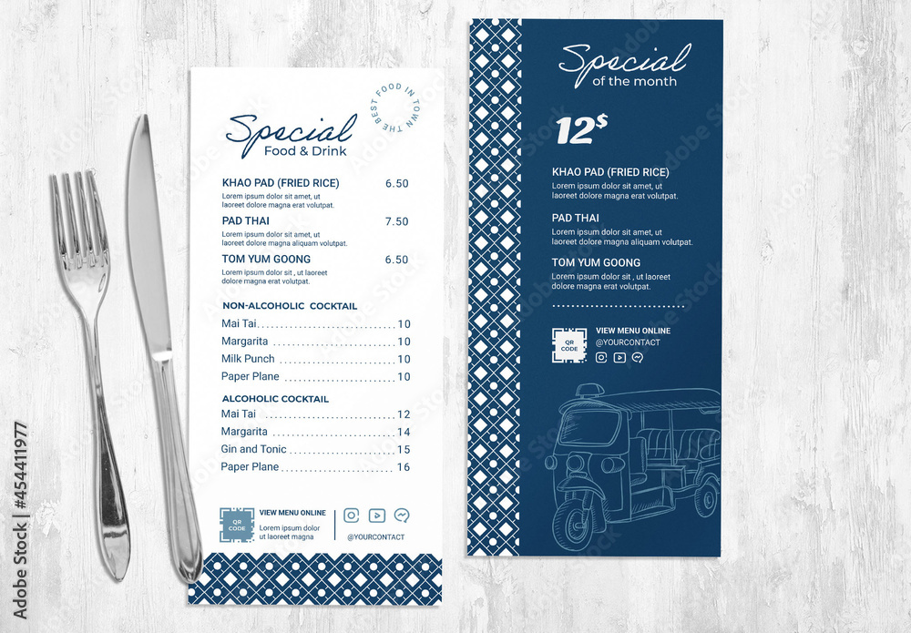 Thin Dl Menu Flyer for Thai Asian Restaurant Stock Template | Adobe Stock