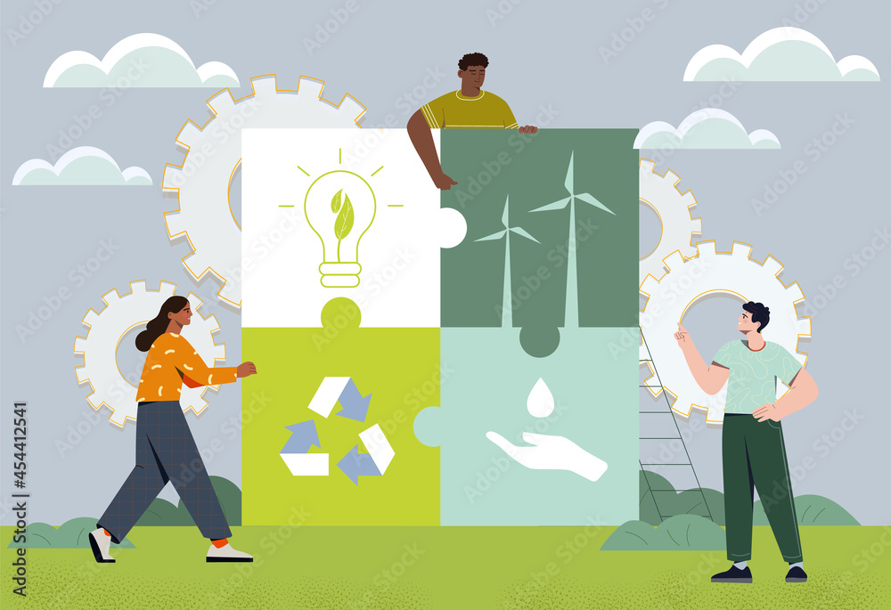 Caring for environment concept. People connect components of ecological ...