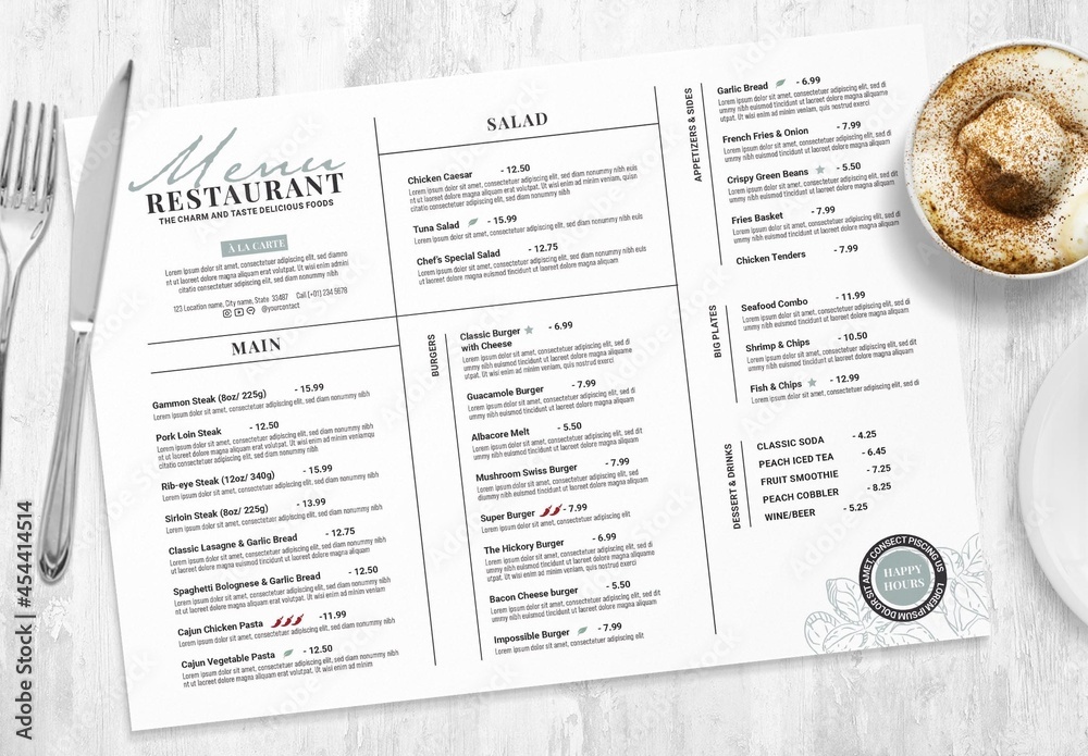 Landscape Table Mat Food Menu Layout for Restaurant Cafe Stock Template ...