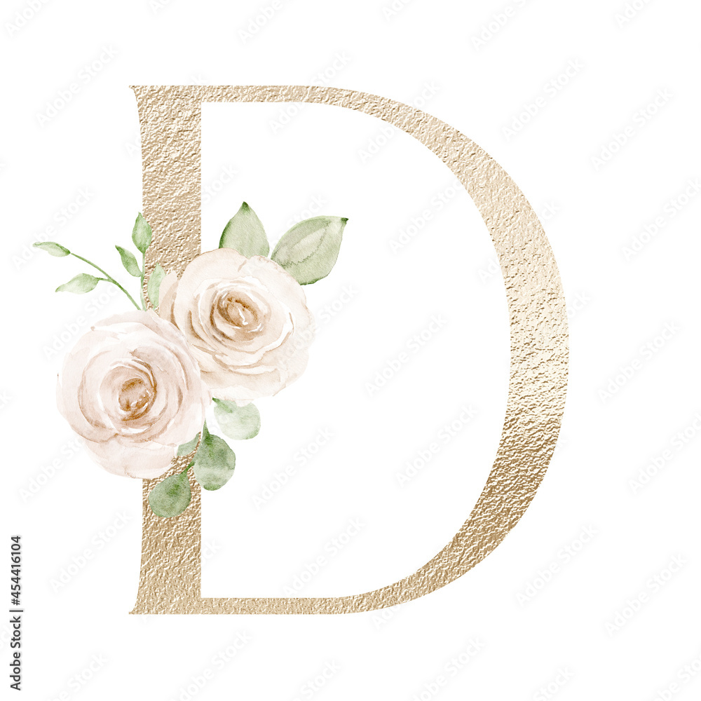 Floral alphabet, letter D with watercolor flowers and leaf. Gold ...