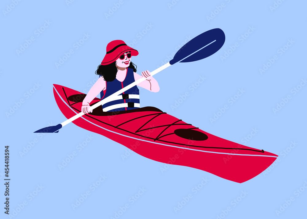 Kayaker rowing through waves. Female kayaker in sea ocean and river ...