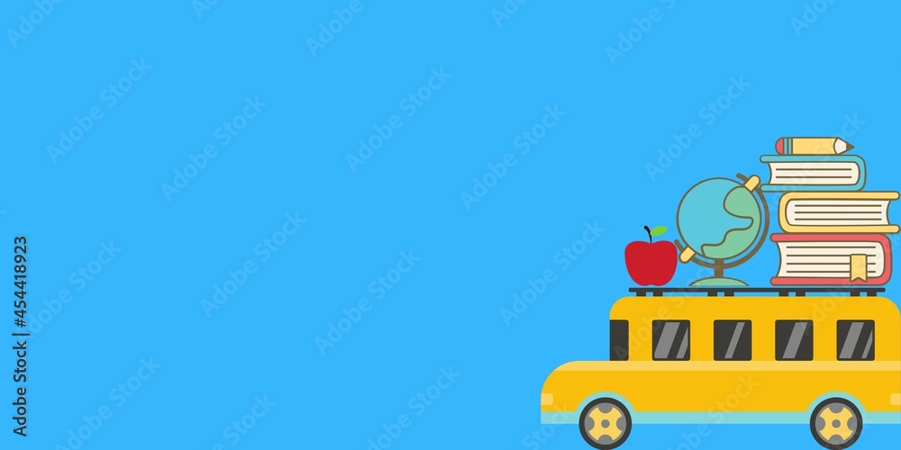 bus amarillo con libros manzana y globo terráqueo en fondo azul Stock ...