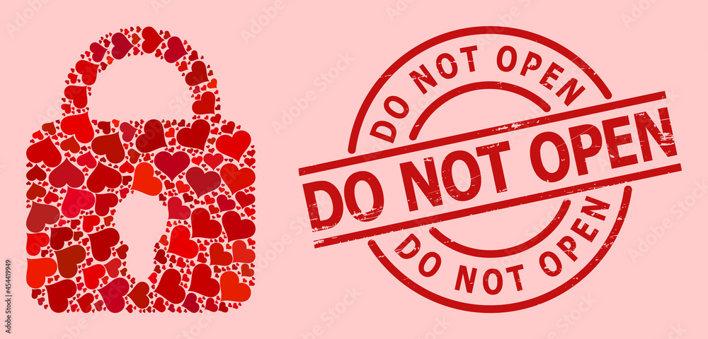 Scratched Do Not Open stamp seal, and red love heart pattern for lock ...
