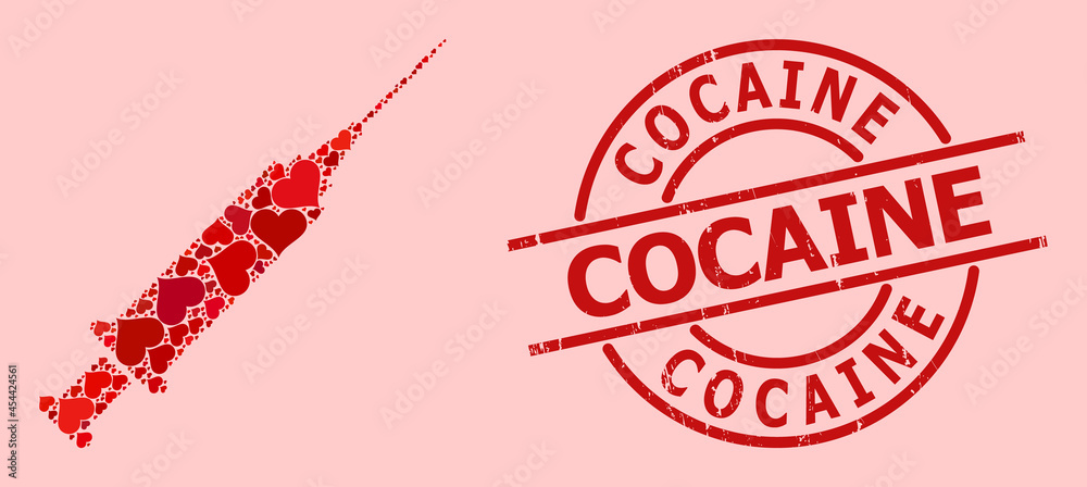 Stockvektorbilden Distress Cocaine badge, and red love heart collage ...
