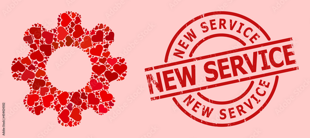 Vetor de Distress New Service stamp seal, and red love heart collage ...