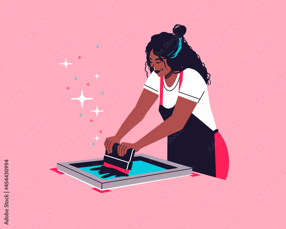 Screen printing artist. silkscreen printing technique. female ...