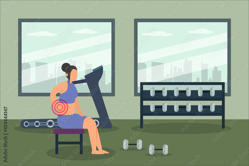 Sport injury vector concept: Young woman suffering backache in the gym ...
